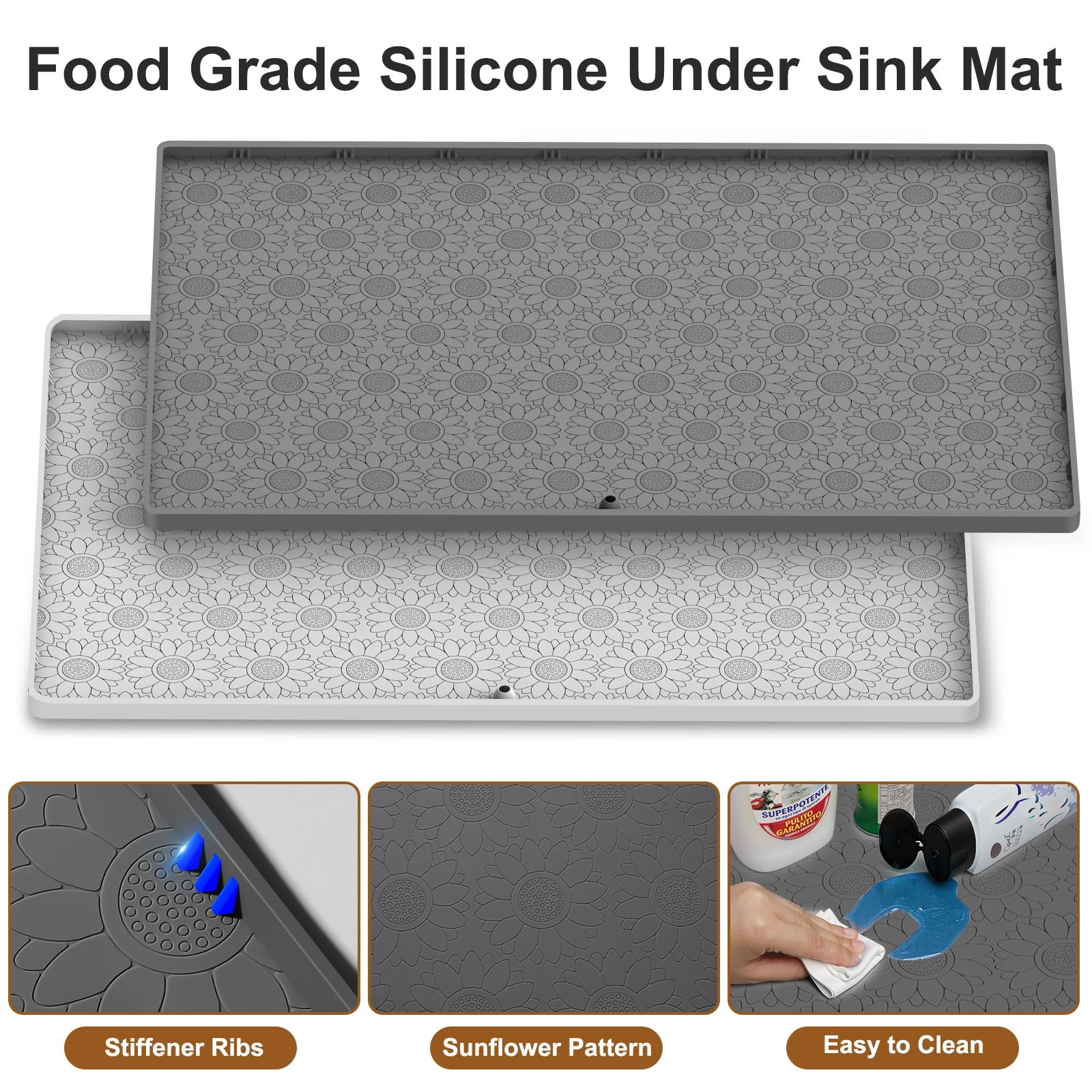 Under Sink Mat Kitchen - 34" x 22" Waterproof Silicone Bathroom Mat Multipurpose Cabinet Protector Organizers Sink Drip Tray Liner Pet Feeding Mat Shoes Mat Dark Gray