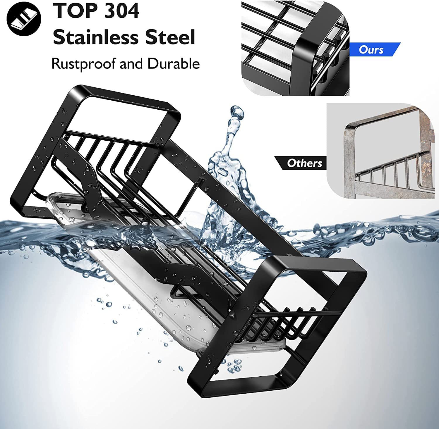 Utobao Kitchen Sink Caddy Sponge Holder, Kitchen Caddy 304 Stainless Steel Soap Holder for Kitchen Sink, Kitchen Sink Organizer Countertop with Removable Drain Tray-Black