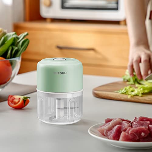 RUPOHU Wireless Electric Mini Food Choppers, Green Powerful Electric Garlic Chopper,Small Food Processor For Garlic Pepper Chili Onion Celery Ginger Meat with Spoon and Brush(100+250ml)