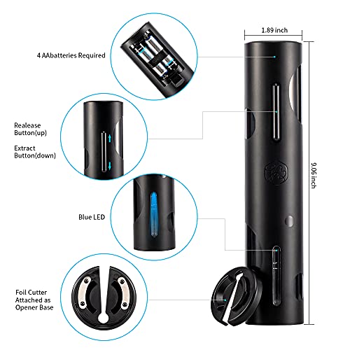 Electric Wine Opener set, Automatic Corkscrew for Wine Bottles with Foil Cutter Vacuum Stopper, Battery Operated Cordless Black Wine Opener for Wine Lovers Kitchen Home Bar