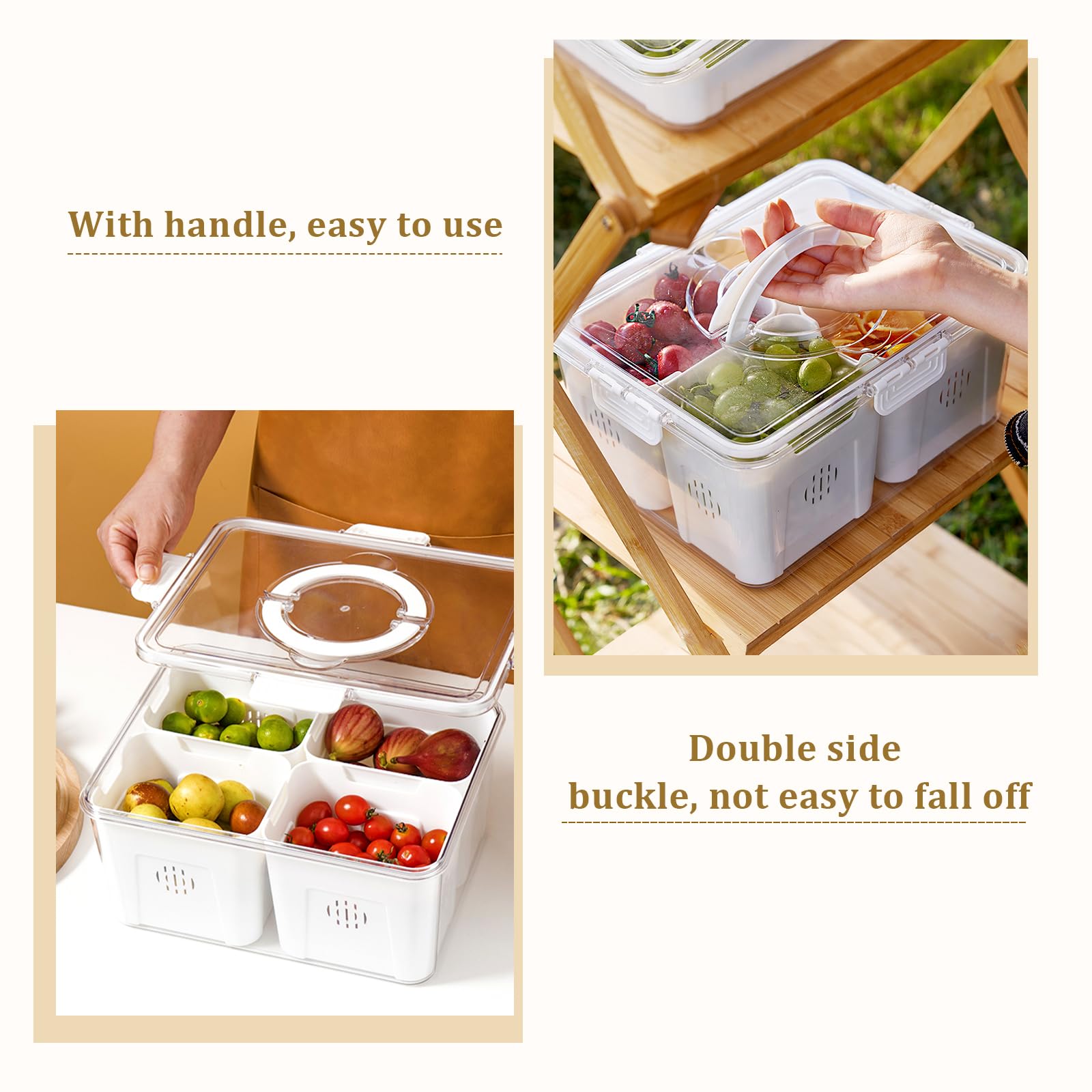 Dualshine Airtight Fruit Storage Containers for Fridge with lid and Handle,4 Removable Colanders,Food Storage Container for Fruit, Vegetables,Fresh Produce Saver,Great Refrigerator Organizer Bins