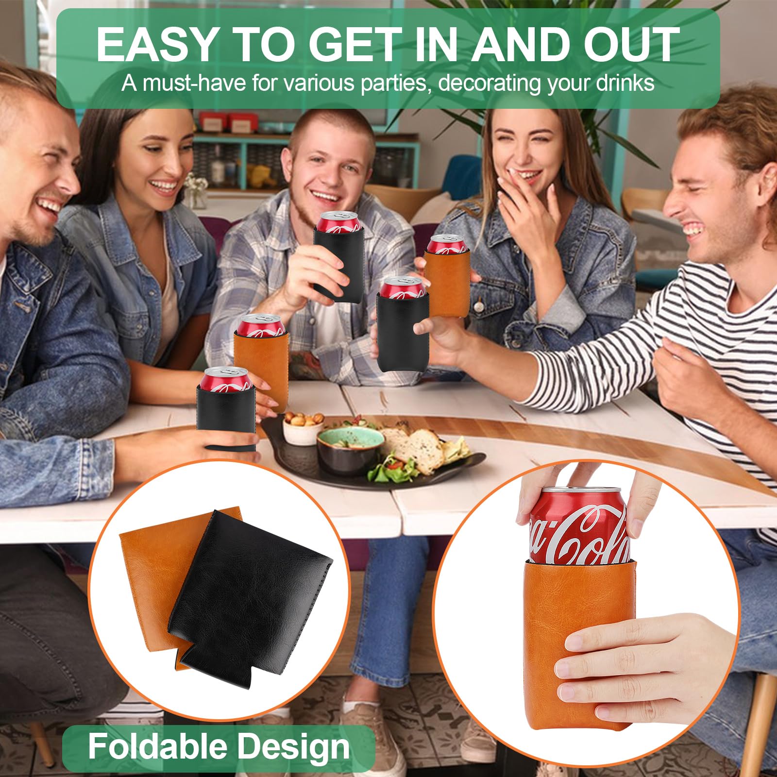 SIDESUGAR PU Leather 12oz Can Cooler Sleeve Soda Pop Cans Coolers Sleeves Beverage Insulator Holder Beer Bottles Coolers 12 OZ Standard Beer Can Sleeves Holders 4 Pack - Black/Orange/Red/Blue