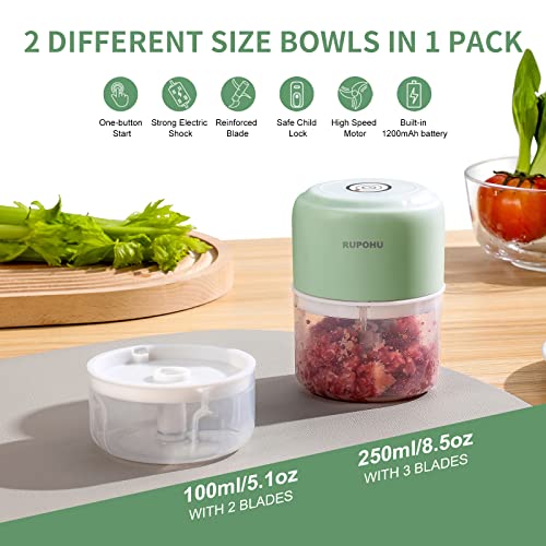 RUPOHU Wireless Electric Mini Food Choppers, Green Powerful Electric Garlic Chopper,Small Food Processor For Garlic Pepper Chili Onion Celery Ginger Meat with Spoon and Brush(100+250ml)