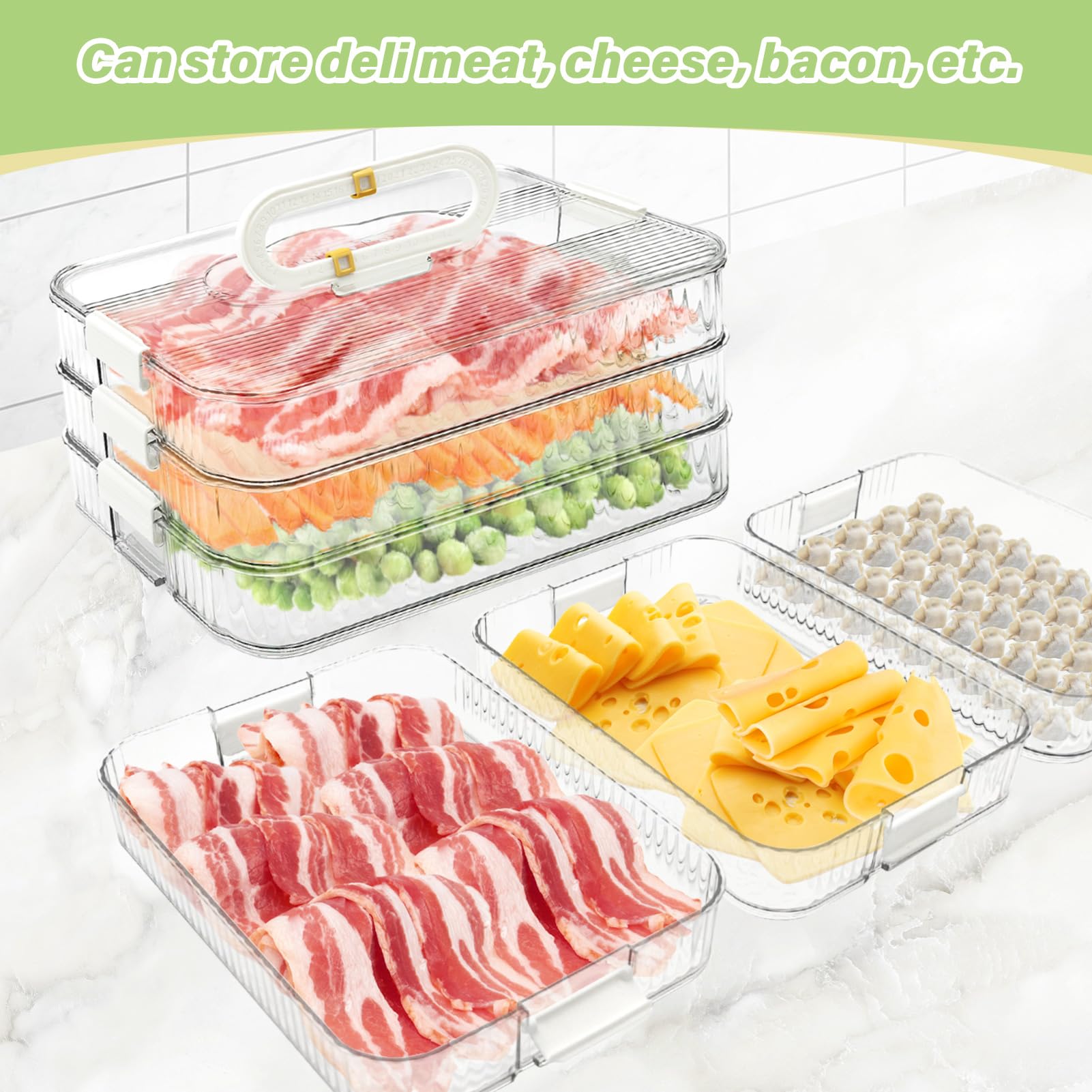 Deli Meat Container for Fridge: 3 Layer Bacon Lunch Meat Container for Refrigerator Organizers and Storage - Stackable Food Storage Boxes with Lids Cheese Keeper Box for Fridge Airtight Deli Organizer