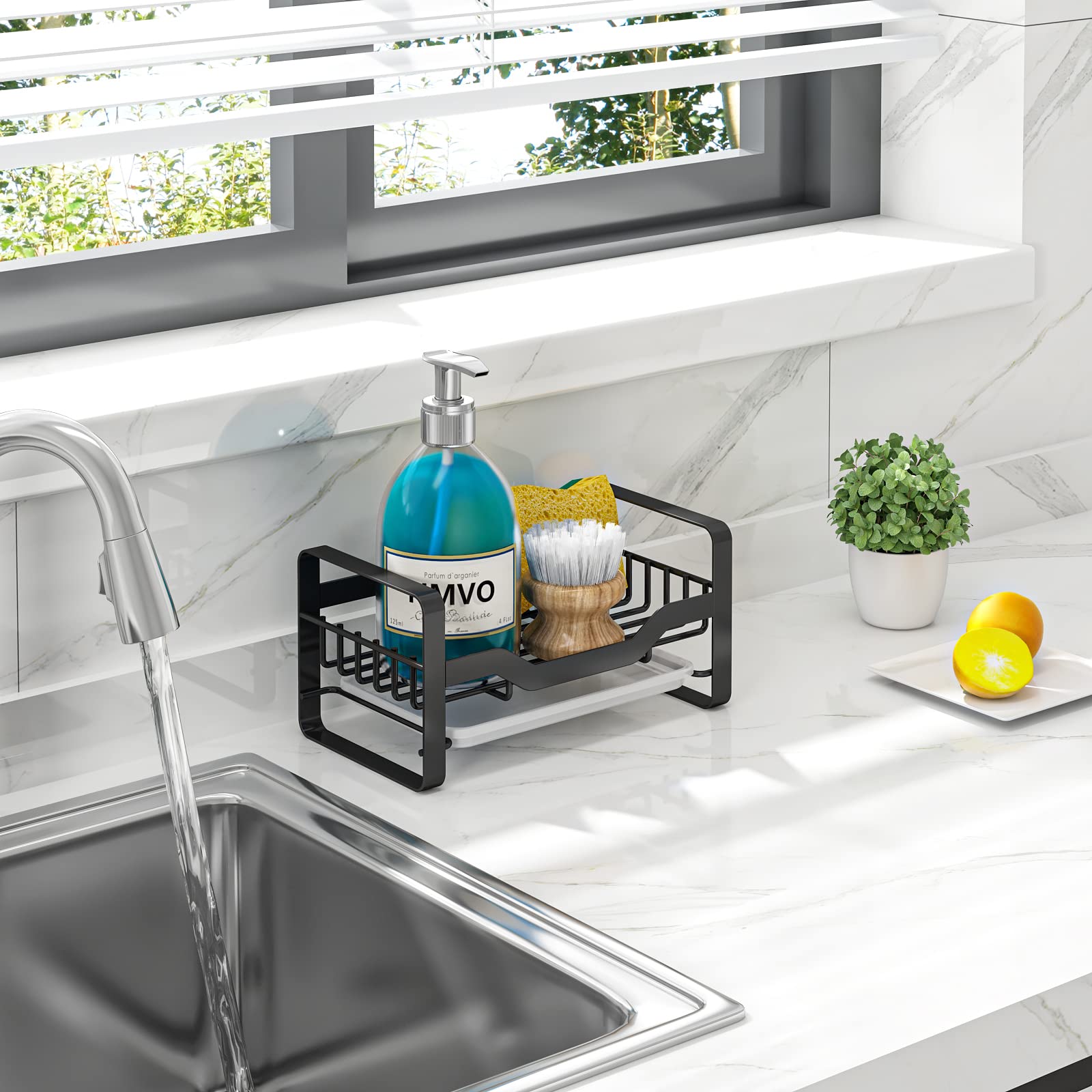 Utobao Kitchen Sink Caddy Sponge Holder, Kitchen Caddy 304 Stainless Steel Soap Holder for Kitchen Sink, Kitchen Sink Organizer Countertop with Removable Drain Tray-Black