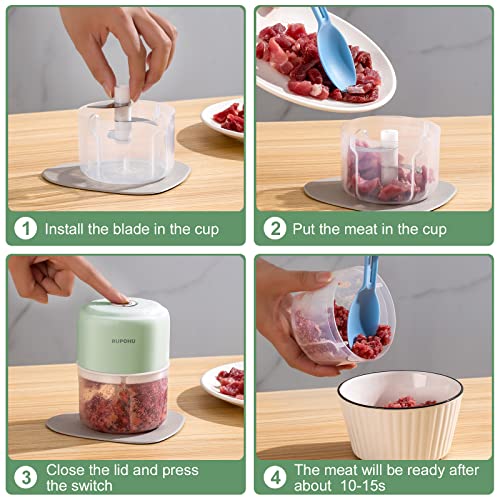 RUPOHU Wireless Electric Mini Food Choppers, Green Powerful Electric Garlic Chopper,Small Food Processor For Garlic Pepper Chili Onion Celery Ginger Meat with Spoon and Brush(100+250ml)