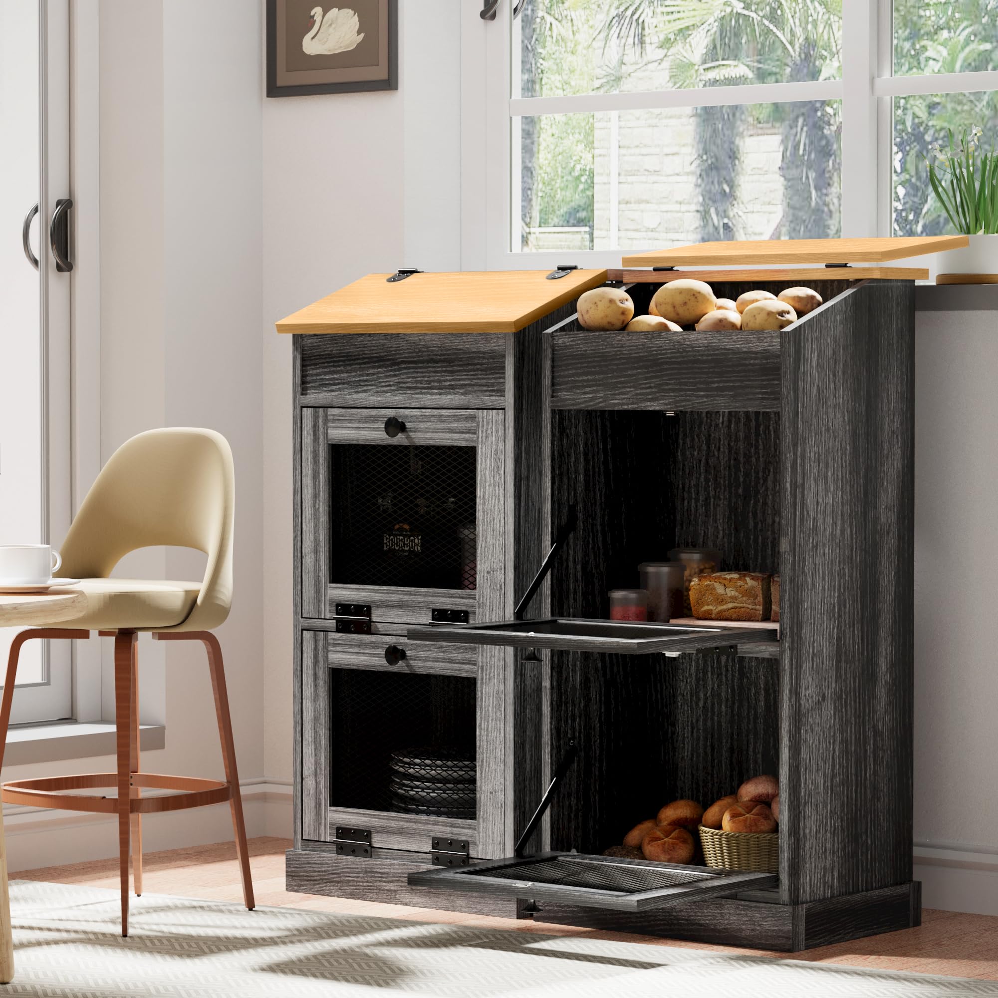 ONG Potato Storage Bins Sets of 2, Wooden Potato Bin Double Bread Storage, Decorative Potato and Onion Storage Bin Set 2, Wood Box with Grocery Section, Wooden Vegetable Storage with Lid,Grey
