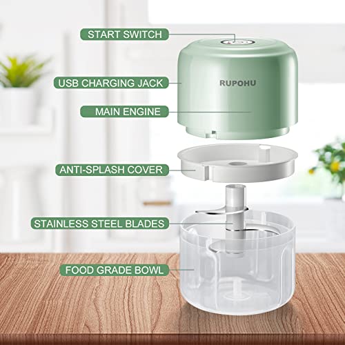 RUPOHU Wireless Electric Mini Food Choppers, Green Powerful Electric Garlic Chopper,Small Food Processor For Garlic Pepper Chili Onion Celery Ginger Meat with Spoon and Brush(100+250ml)