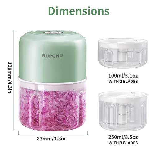 RUPOHU Wireless Electric Mini Food Choppers, Green Powerful Electric Garlic Chopper,Small Food Processor For Garlic Pepper Chili Onion Celery Ginger Meat with Spoon and Brush(100+250ml)