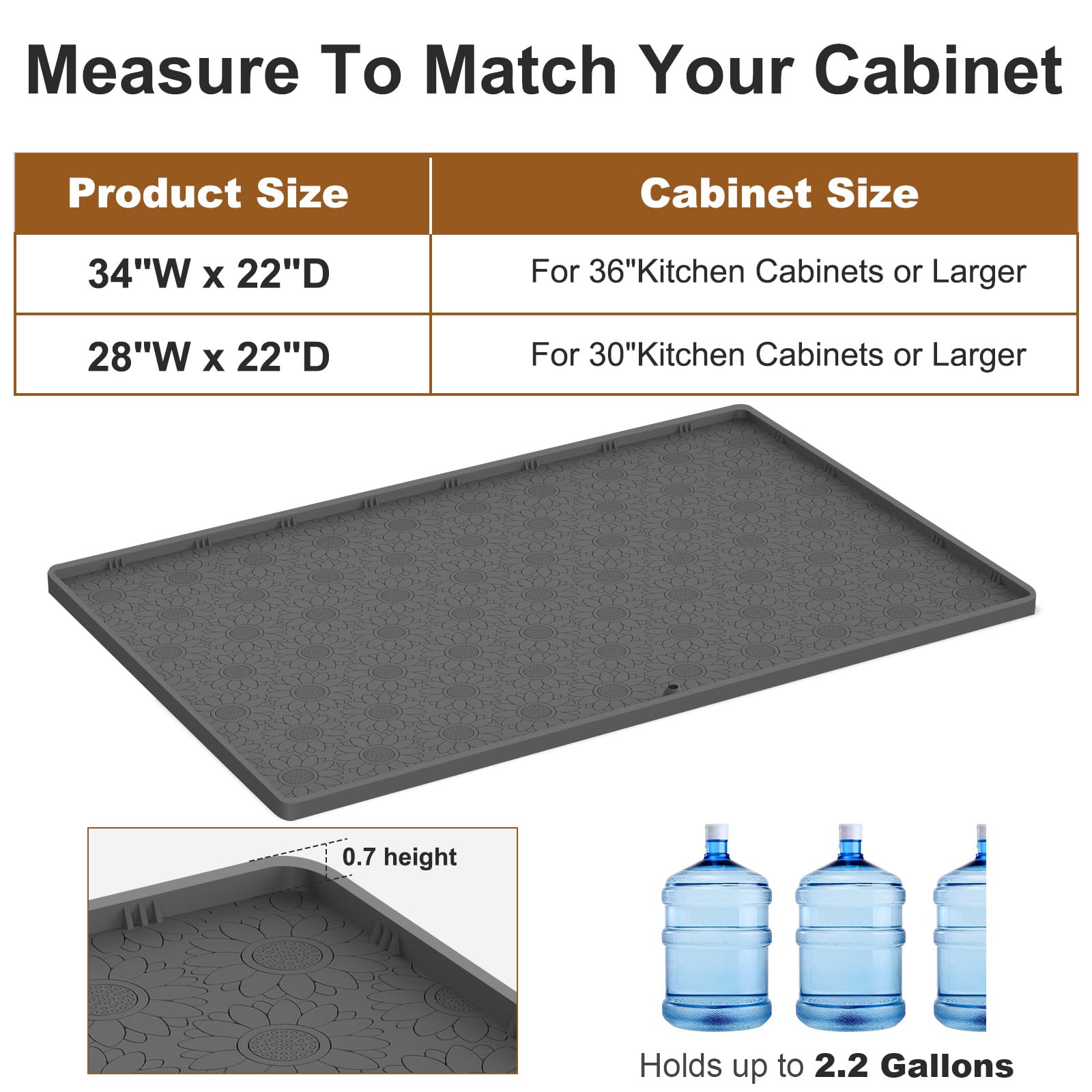 Under Sink Mat Kitchen - 34" x 22" Waterproof Silicone Bathroom Mat Multipurpose Cabinet Protector Organizers Sink Drip Tray Liner Pet Feeding Mat Shoes Mat Dark Gray