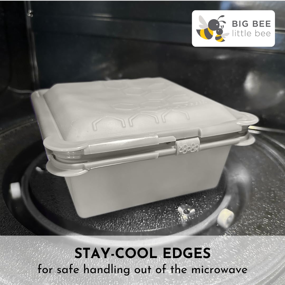 Big Bee, Little Bee - SoftShell XL Reusable Silicone Food Storage Container with Attached Clamshell Lid, Easy Cleaning, Snaps Closed, Microwave, Freezer & Dishwasher Safe (Stone)