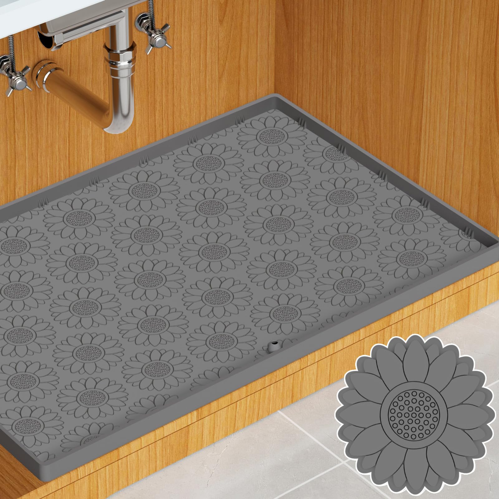 Under Sink Mat Kitchen - 34" x 22" Waterproof Silicone Bathroom Mat Multipurpose Cabinet Protector Organizers Sink Drip Tray Liner Pet Feeding Mat Shoes Mat Dark Gray