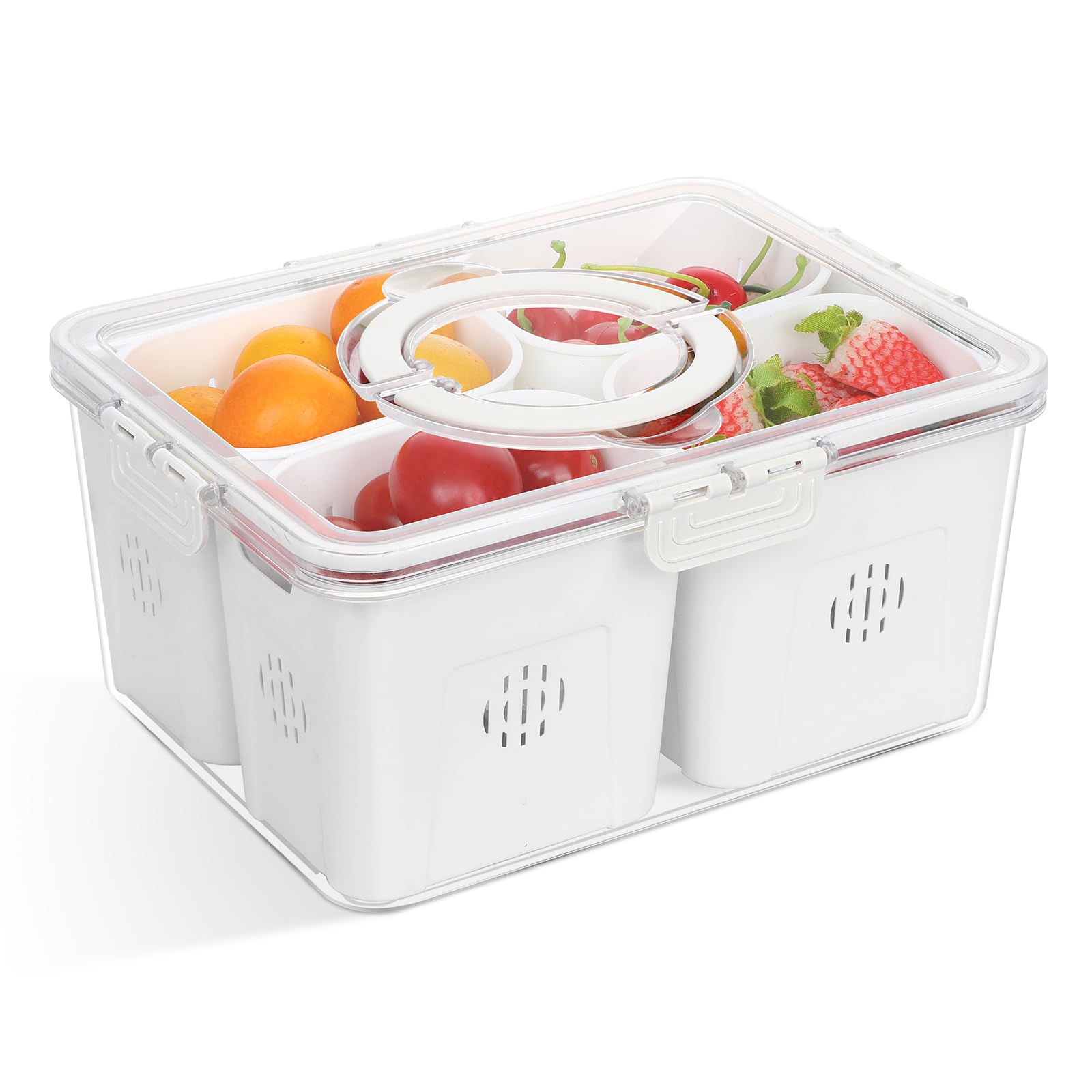 Dualshine Airtight Fruit Storage Containers for Fridge with lid and Handle,4 Removable Colanders,Food Storage Container for Fruit, Vegetables,Fresh Produce Saver,Great Refrigerator Organizer Bins