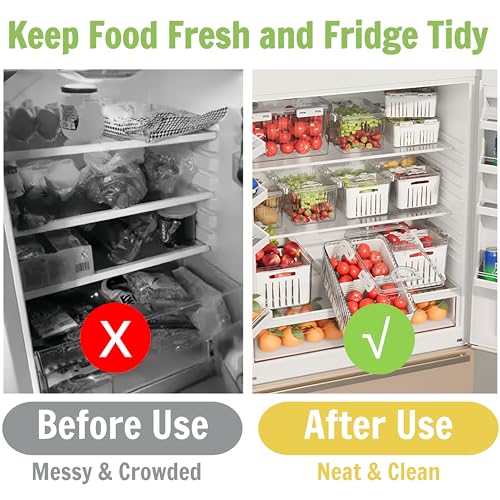 HausArtX Large Fridge Organizer Bins, Fridge Fruit Storage Containers with Removable Colander, BPA-Free, for Keeping Meat, Vegetable, Egg & Fruit Fresh (3 Packs)