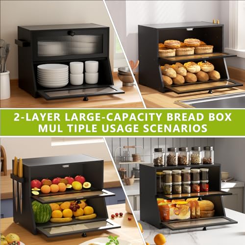 RYLTKISS Bread Box, Large Bread Box with Knife Holder, Large Bread Storage Container for Homemade Bread, Wood Breadbox Organizer for Kitchen Counter Corner, Cabinet, Pantry, Cupboard (Black)