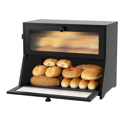 RYLTKISS Bread Box, Large Bread Box with Knife Holder, Large Bread Storage Container for Homemade Bread, Wood Breadbox Organizer for Kitchen Counter Corner, Cabinet, Pantry, Cupboard (Black)