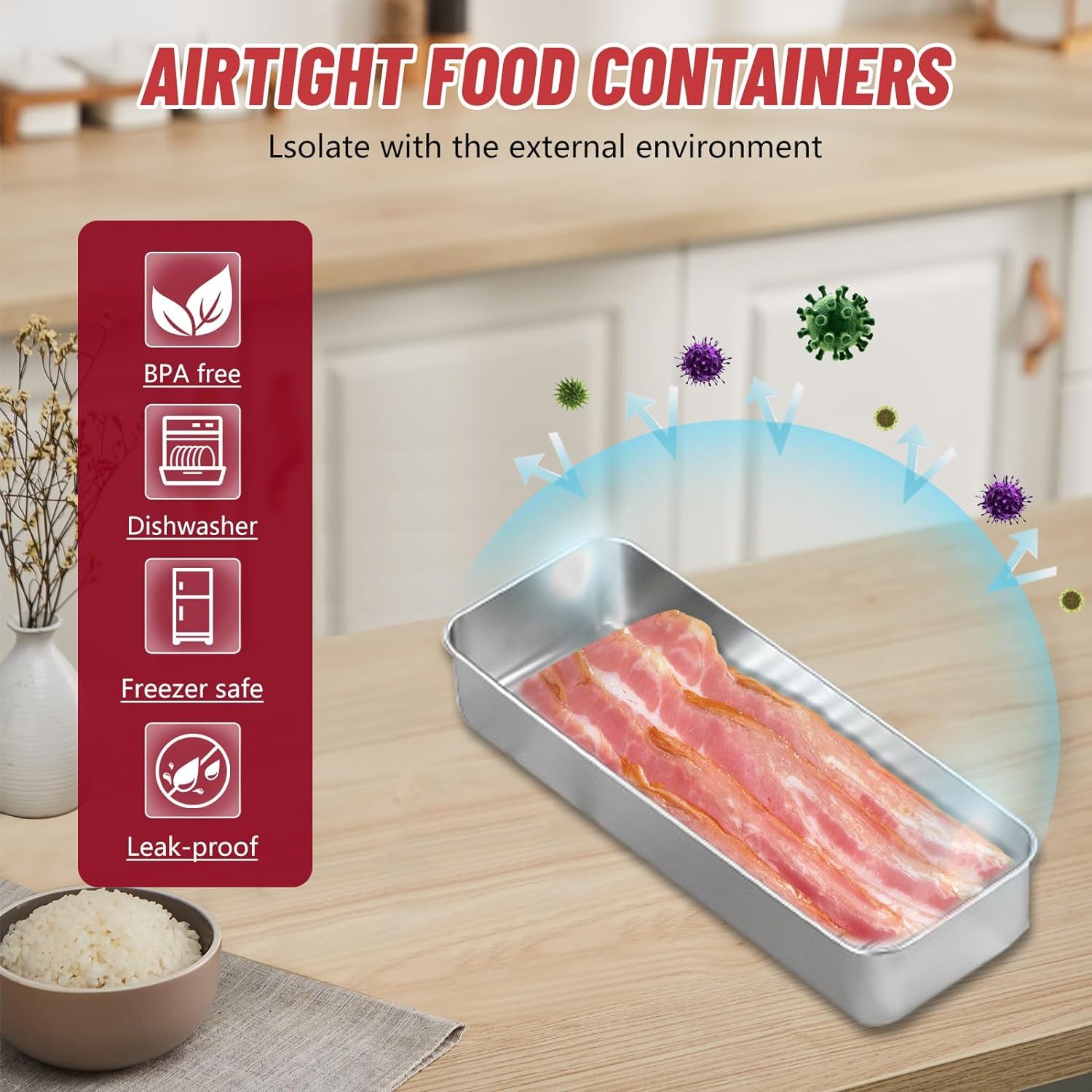 Rarapop Bacon Container with Lids for Refrigerator, Stainless Steel Deli Meat Storage Containers with Elevated Base, Airtight Fridge Storage Containers Cheese Keeper, Dishwasher Safe【1 Pack】