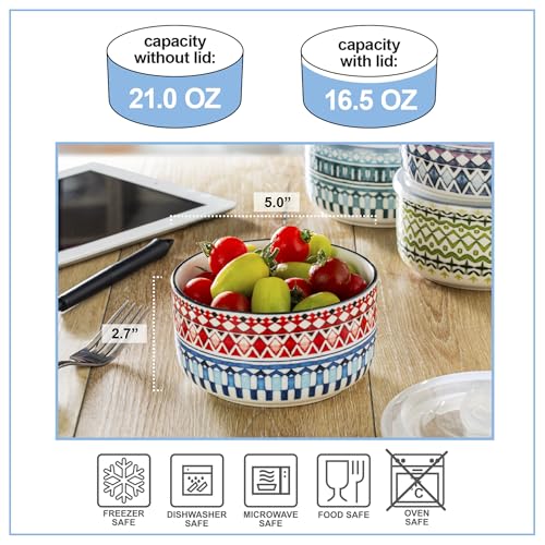 Signature Housewares Ceramic Bowl Set with Vented Lids, Serving Bowls with Lids, 5 Inch Prep Bowls for Kitchen, Lunch, Picnic, 21 Oz Set of 4 Stoneware Storage Bowls