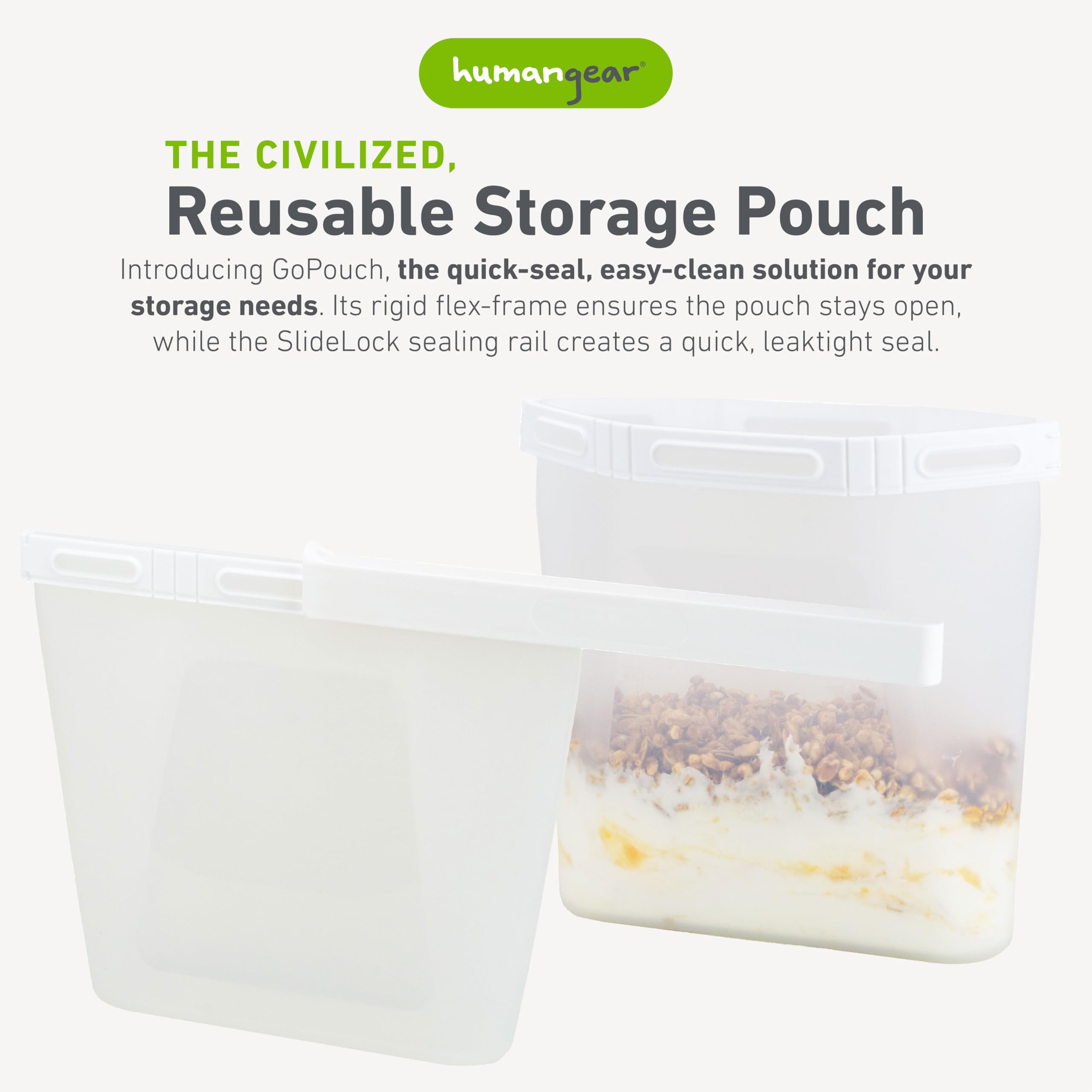 humangear GoPouch - Flexible Food Storage Container, Quick-Seal, Reusable Pouches, Leak Proof Bag with Slide-Lock Closure System, Clear, Medium