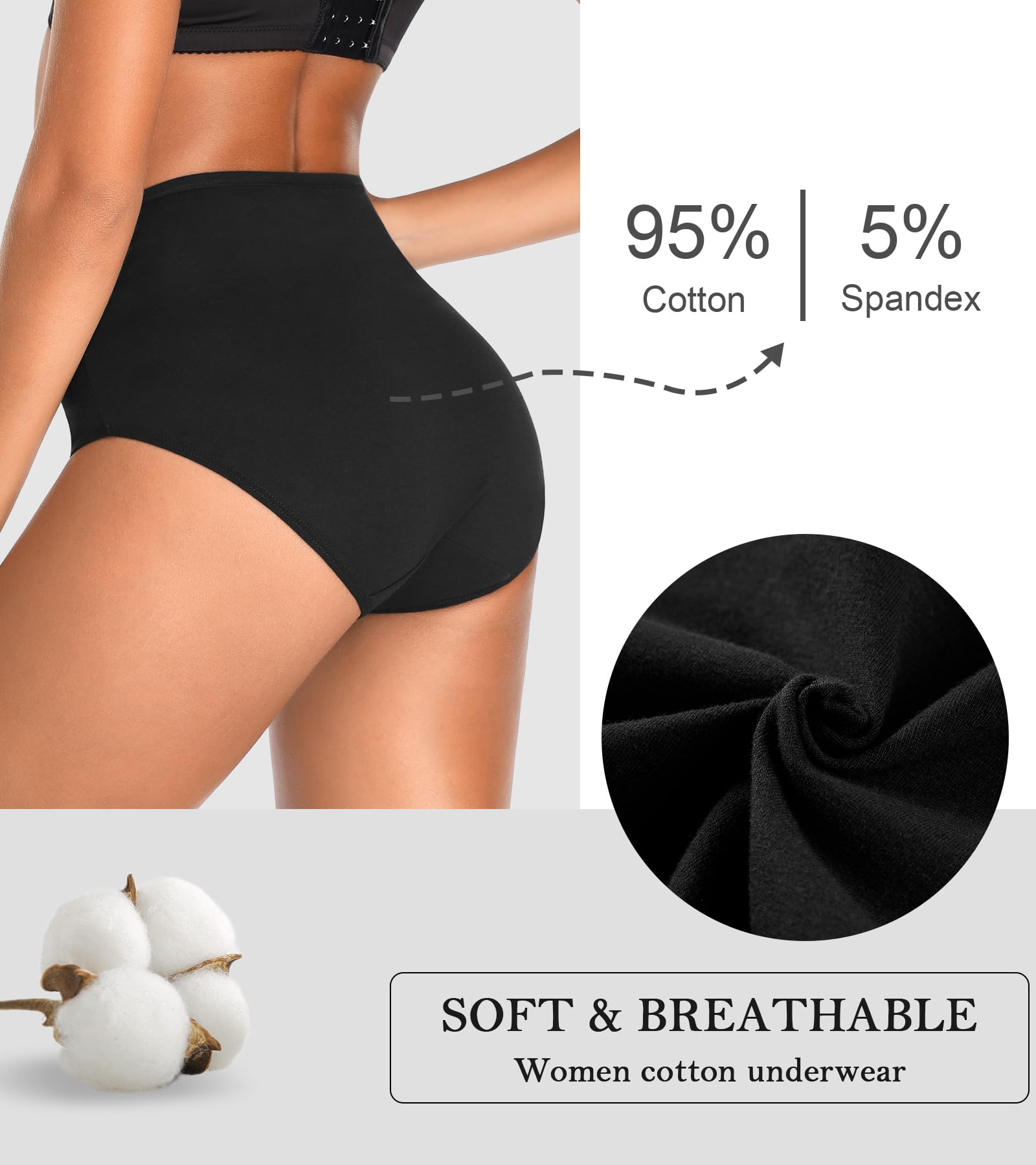 OPIBOO Cotton Womens Underwear High Waisted Tummy Control Full Coverage Postpartum Essentials Panties Stretch Comfortable Briefs Black M