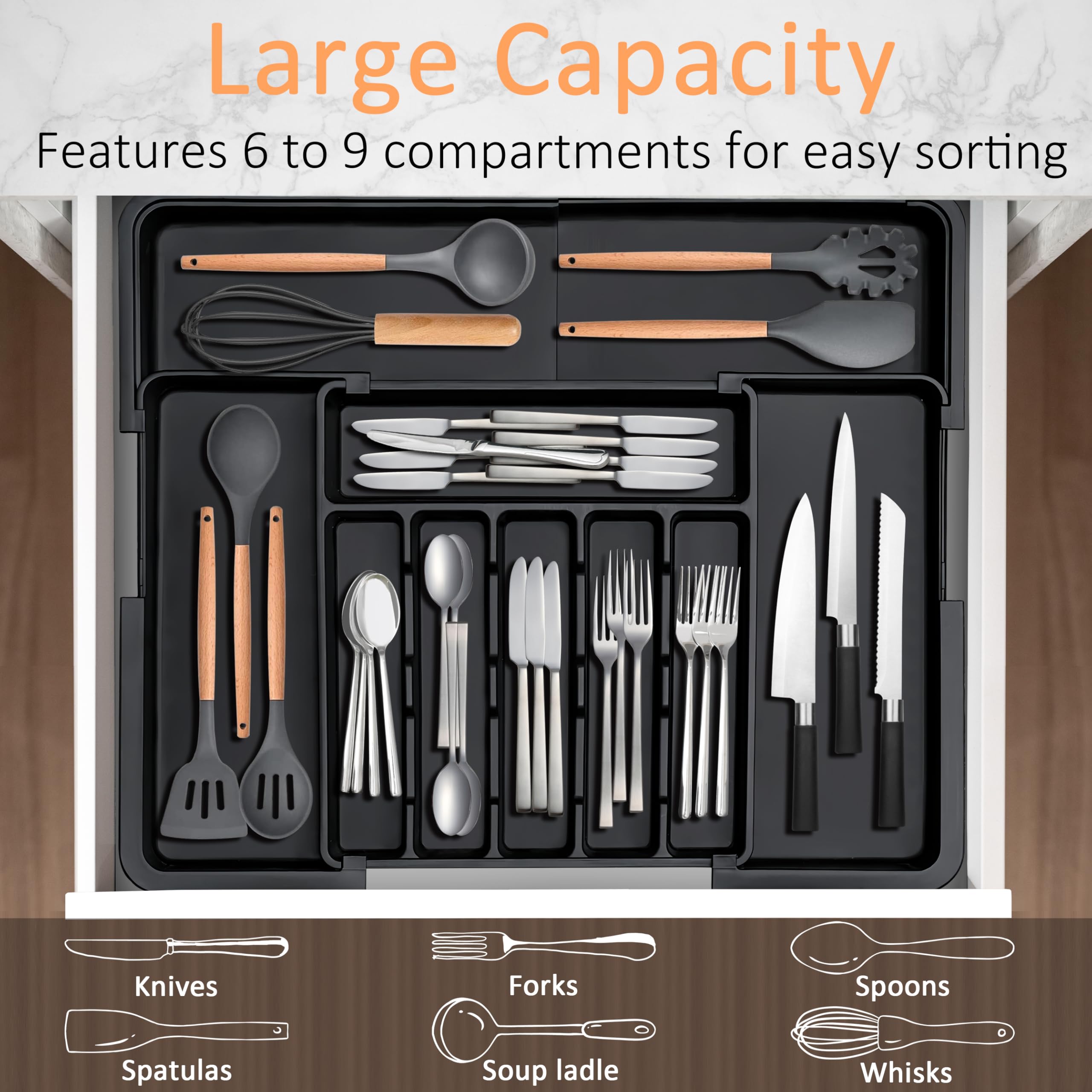Spaclear Silverware Organizer Expandable Kitchen Utensil Drawer Organizer Large BPA Free Adjustable Cutlery Silverware Tray for Spoons Forks Knives Storage Divider for Kitchen Flatware 6-9 Slots Black