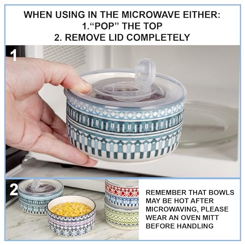 Signature Housewares Ceramic Bowl Set with Vented Lids, Serving Bowls with Lids, 5 Inch Prep Bowls for Kitchen, Lunch, Picnic, 21 Oz Set of 4 Stoneware Storage Bowls