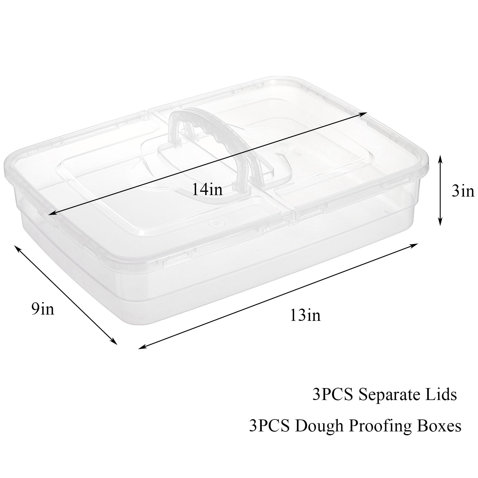Lawei 3 Pack Pizza Dough Proofing Box, 14 x 10 Inch Dough Trays with Lid and Handle for Pizza, Stackable Pizza Bread Fermentation Storage Containers, Translucent Box with Cover Dough Tray, BPA Free