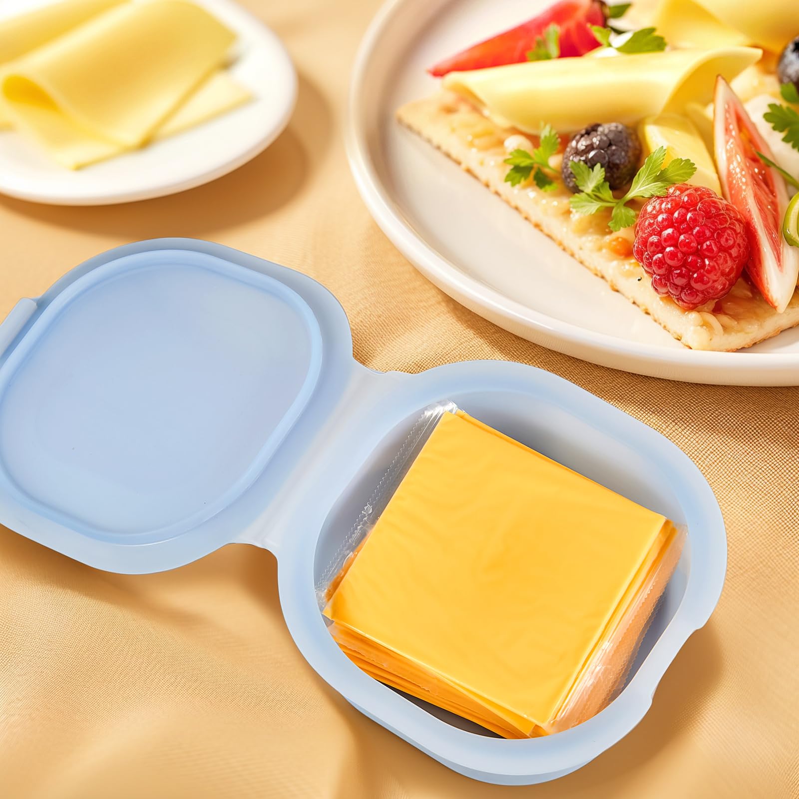 Silicone Cheese Container for Refrigerator, Blue Sliced Cheese Container Holder Cheese Storage Keeper for fridge, Snack Food Storage Container Box, 7oz Bowl with Lid Stackable Dishwash-safe
