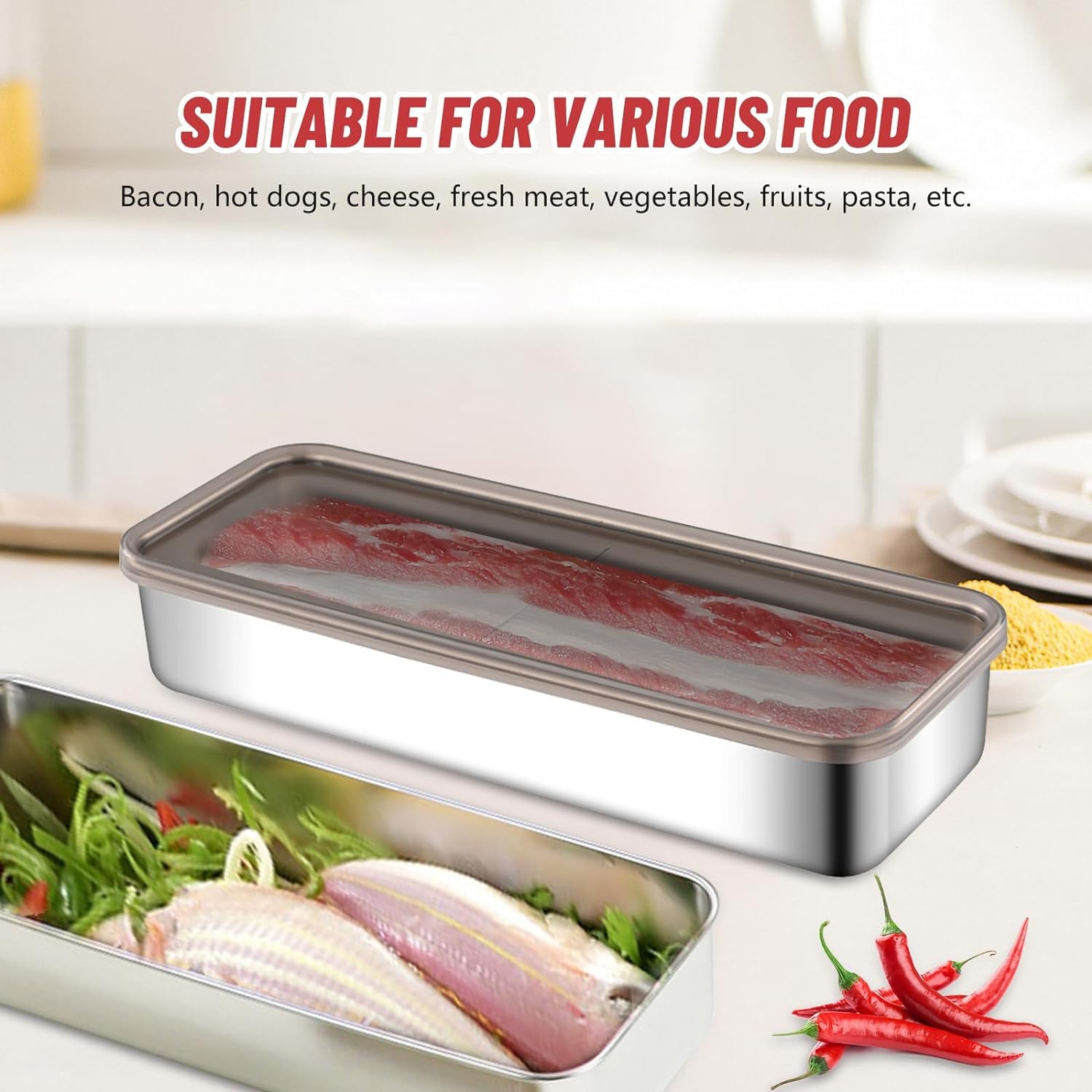 Rarapop Bacon Container with Lids for Refrigerator, Stainless Steel Deli Meat Storage Containers with Elevated Base, Airtight Fridge Storage Containers Cheese Keeper, Dishwasher Safe【1 Pack】