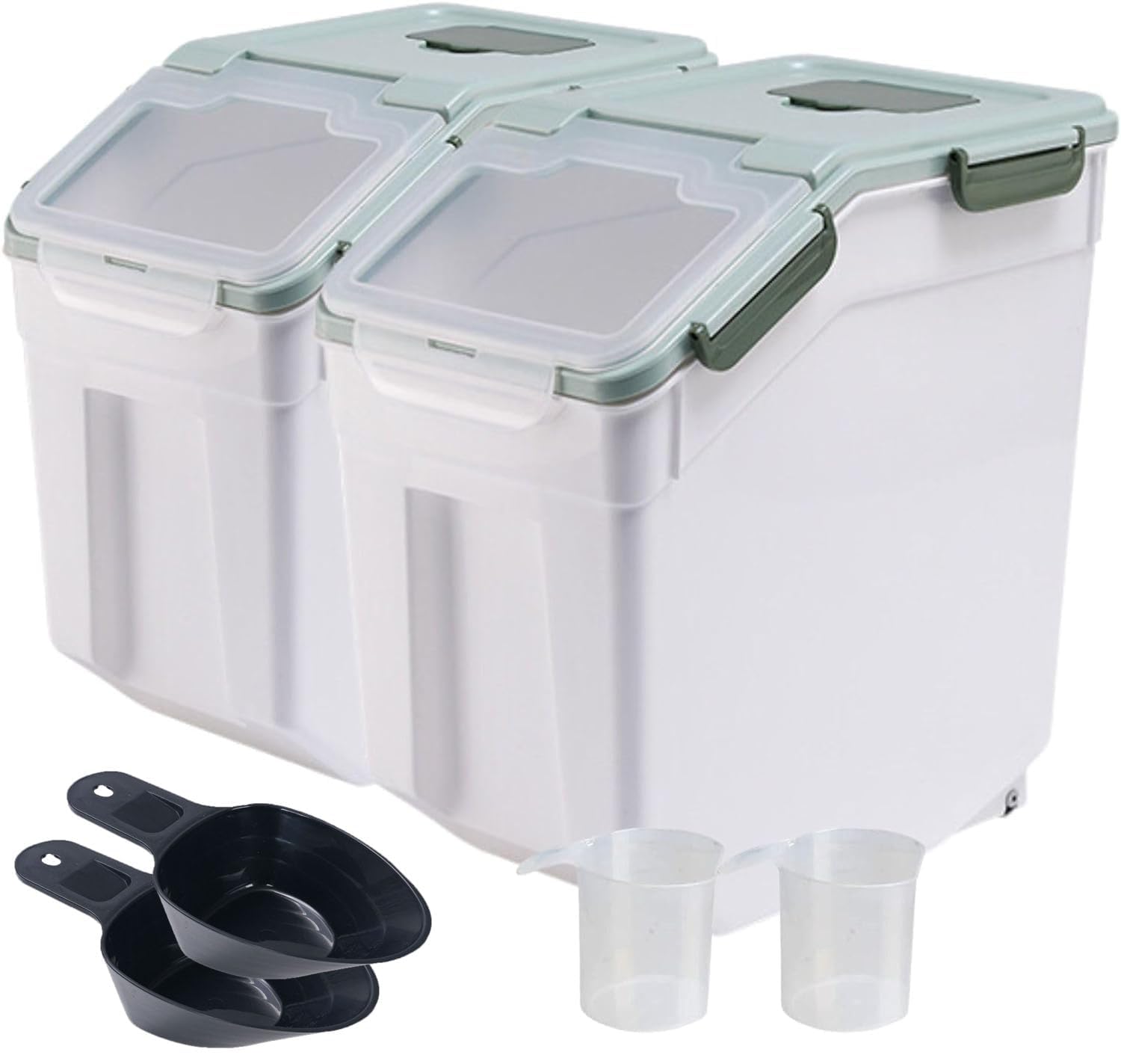 2 Pack Large Flour Storage Container 50 lb Airtight Rice Storage Container with Lid, Wheels, Measuring Cup, Scoop, Plastic Flour Sugar Bin Organizer for Grain Cereal, Rice Dispenser (Green)