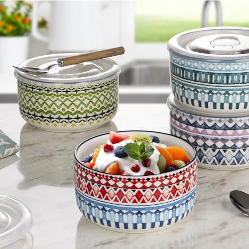Signature Housewares Ceramic Bowl Set with Vented Lids, Serving Bowls with Lids, 5 Inch Prep Bowls for Kitchen, Lunch, Picnic, 21 Oz Set of 4 Stoneware Storage Bowls