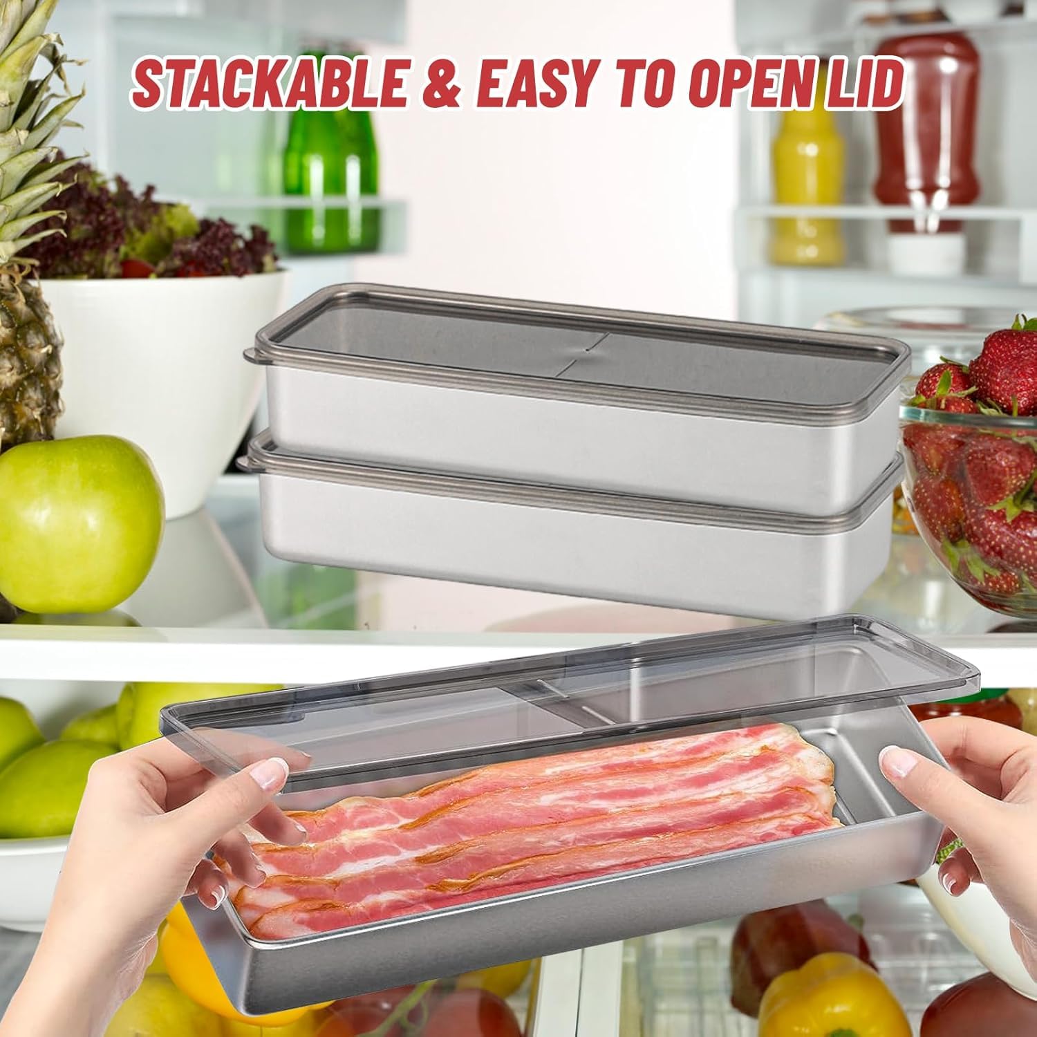 Rarapop Bacon Container with Lids for Refrigerator, Stainless Steel Deli Meat Storage Containers with Elevated Base, Airtight Fridge Storage Containers Cheese Keeper, Dishwasher Safe【1 Pack】