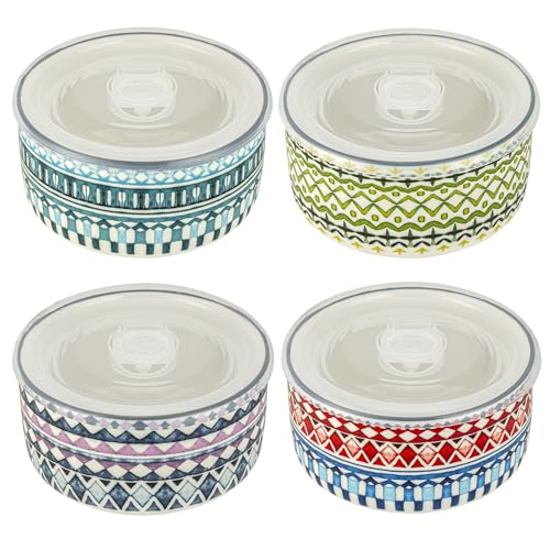 Signature Housewares Ceramic Bowl Set with Vented Lids, Serving Bowls with Lids, 5 Inch Prep Bowls for Kitchen, Lunch, Picnic, 21 Oz Set of 4 Stoneware Storage Bowls