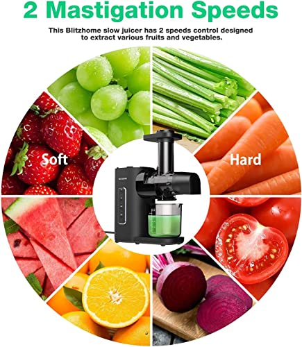 BLITZHOME Cold Press Juicer machines, 2-Speed Modes Slow Masticating Juicer for Vegetable and Fruit, with Quiet Motor/Reverse Function/Wide 1.73" Feed Chute, Easy to Clean