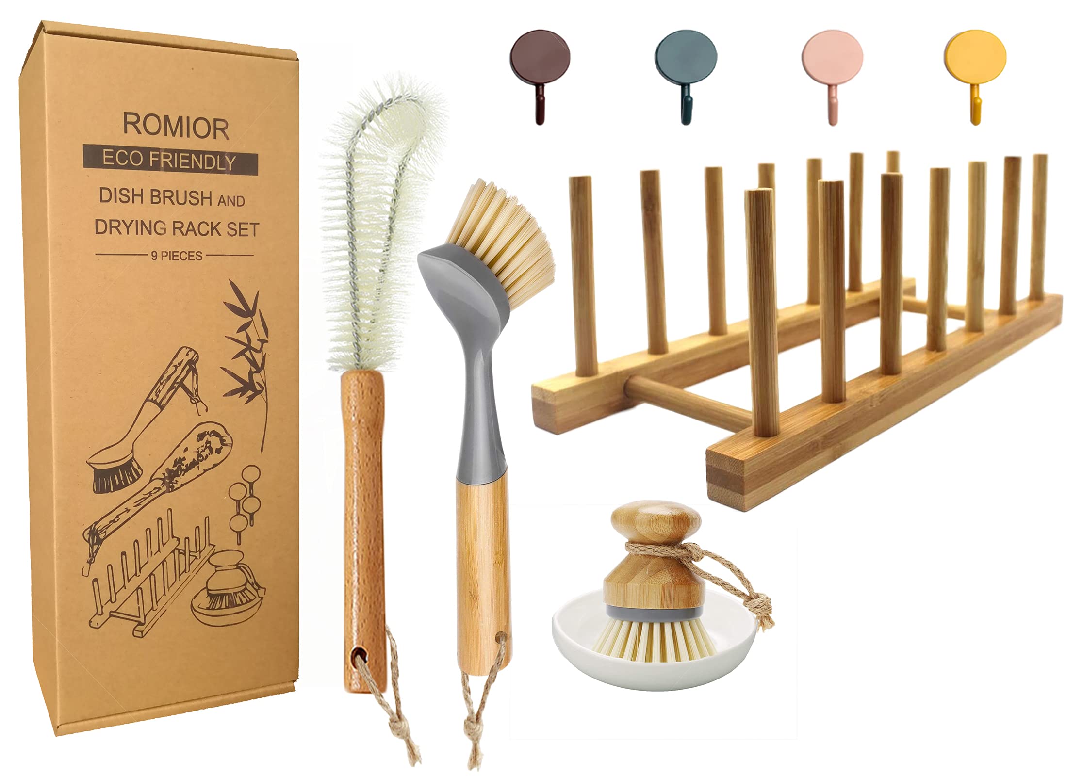 Bamboo Dish Brush&Water Bottle Drying Rack, 9-in-1 Kitchen Cleaning Set |Dish Brush&Bottle Brush with Long Handle |Mini Palm Brush with Soap Dispenser|Dish Drying Tray| Dish Drying Rack Kit