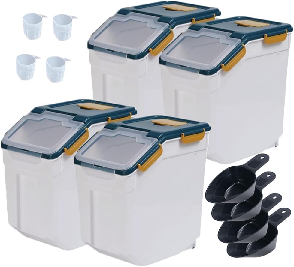 Large Flour Storage Container 25lb, 4Pack Airtight Rice Storage Containers with Wheels, Measuring Cup, Scoop for Flour, Rice, Grain, Cereal, Dry Food Organizer (Dark Blue)