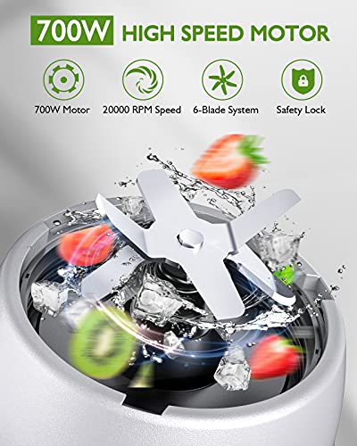 YaFex Personal Blender for Shakes and Smoothies, 700W 6-Blade Smoothie Blender for Frozen Fruit and Ice, with 1 28 Oz Travel Bottle, 1 To-Go Lid, BPA Free & Dishwasher Safe (Gray/Silver)
