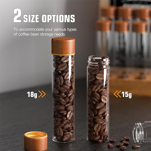 Coffee Bean Cellars with Stand & Hopper, Single Dose Coffee Bean Storage, 12 Pcs Espresso Bean Container with Wooden Holder, Dosing Glass Vials with Lids and Funnel for Tea, Coffee, Spices