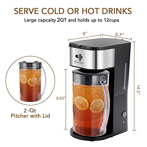 LITIFO Iced Tea Maker and Iced Coffee Maker Brewing System with 2-quart Pitcher, sliding strength selector for Taste Customization, Stainless Steel Decoration (Black)