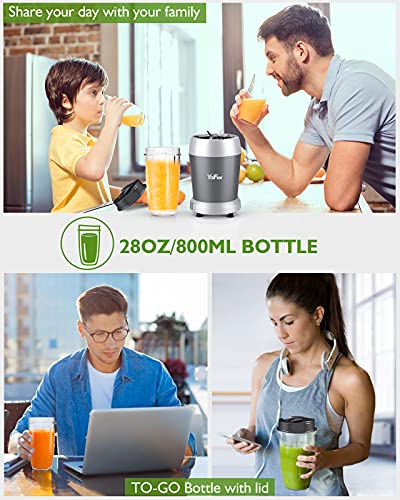 YaFex Personal Blender for Shakes and Smoothies, 700W 6-Blade Smoothie Blender for Frozen Fruit and Ice, with 1 28 Oz Travel Bottle, 1 To-Go Lid, BPA Free & Dishwasher Safe (Gray/Silver)
