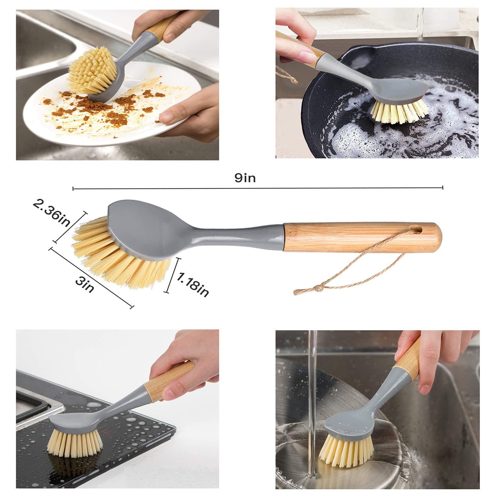 Bamboo Dish Brush&Water Bottle Drying Rack, 9-in-1 Kitchen Cleaning Set |Dish Brush&Bottle Brush with Long Handle |Mini Palm Brush with Soap Dispenser|Dish Drying Tray| Dish Drying Rack Kit