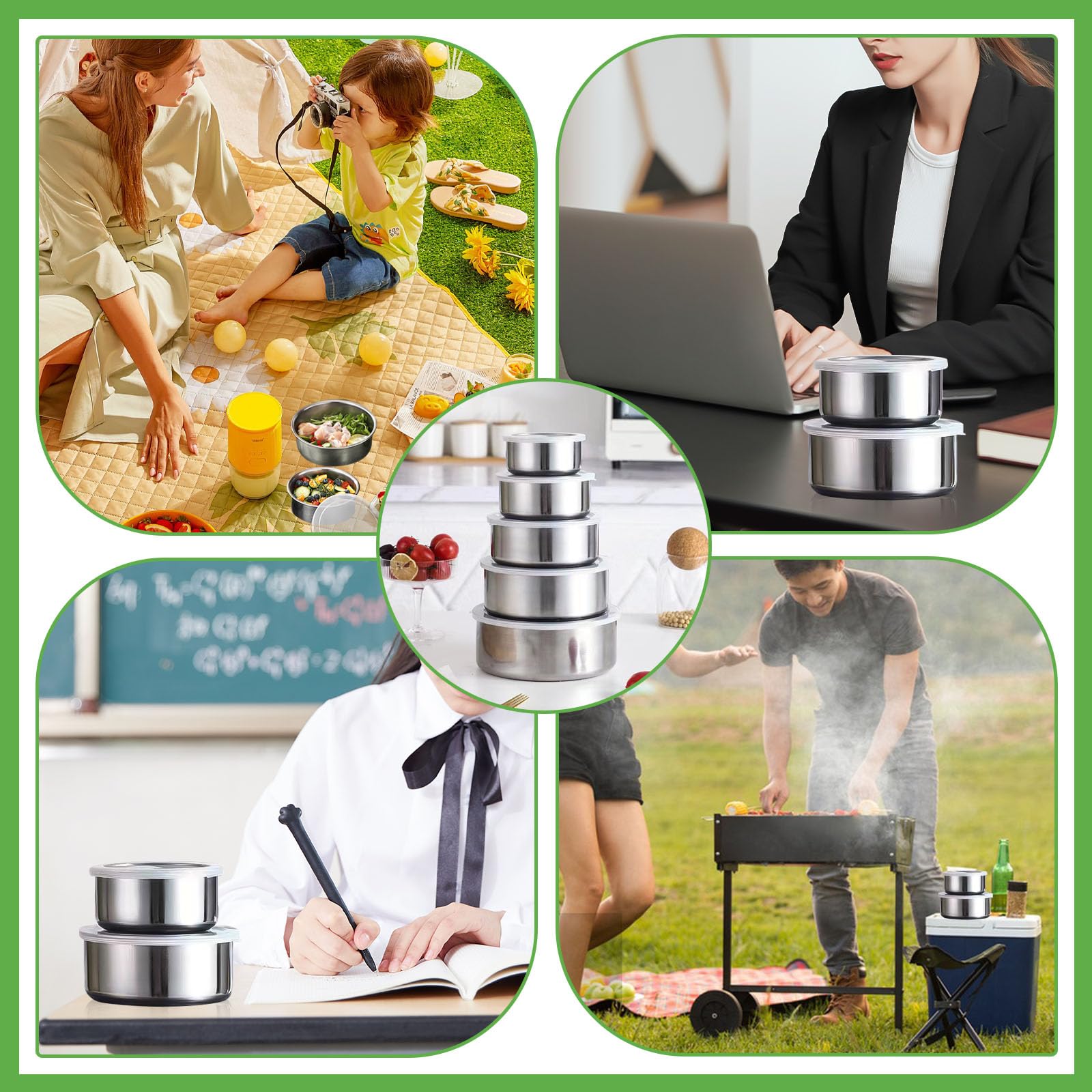 LELE LIFE 10 Pack 5 Sizes Stainless Steel Food Containers with Lids- 240/370/605/835/1200ml - Nesting Stainless Steel Food Storage Containers for Leftovers, Lunch Box, Snacks, Camping, Picnic (10PCS)