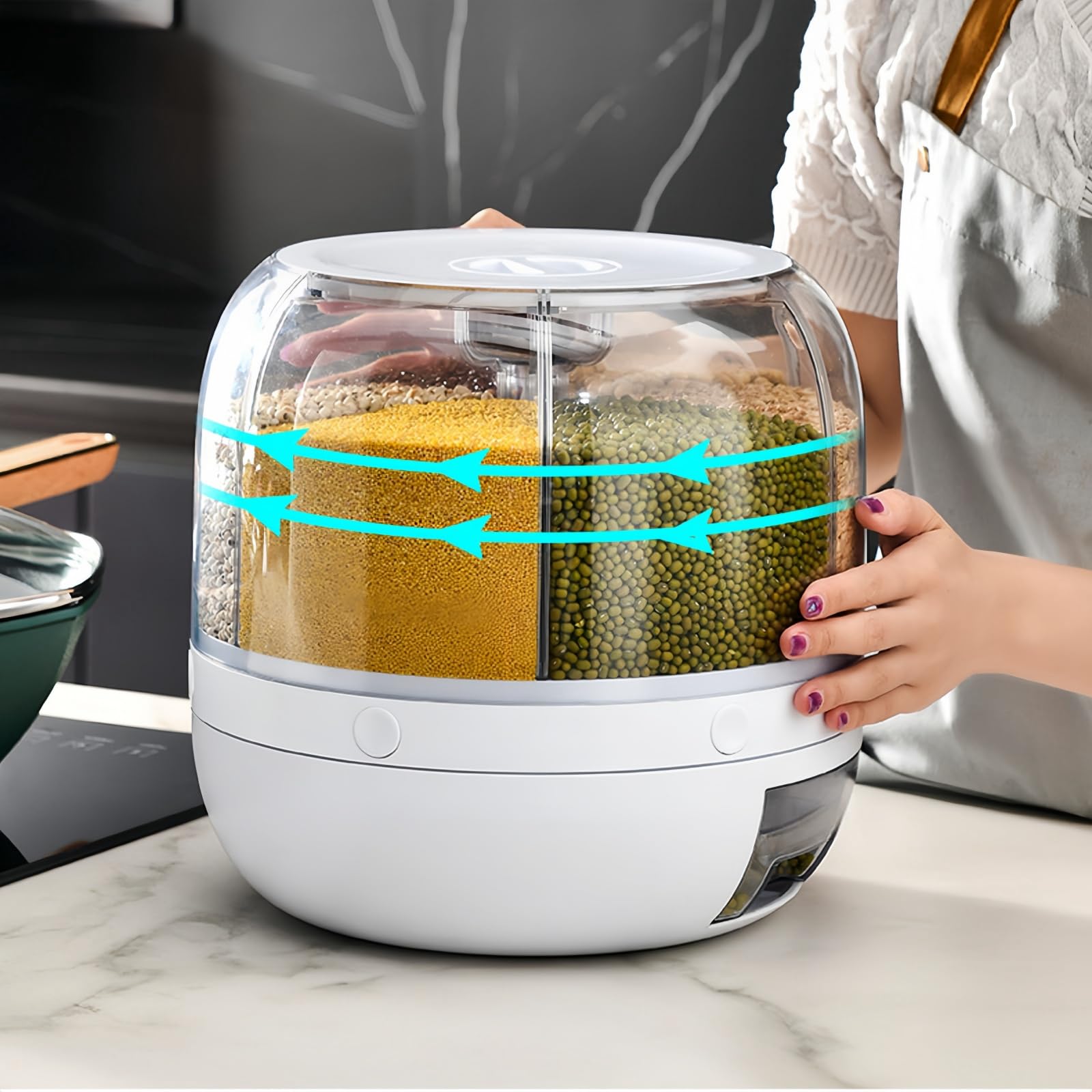 ECLIPSBACI Grain Storage Container Dispenser, rice dispenser rotating, 360° rotating food dispenser One-Click Output rice Storage Round Grain Dispenser Kitchen for Small Grains, Beans, Rice (B)