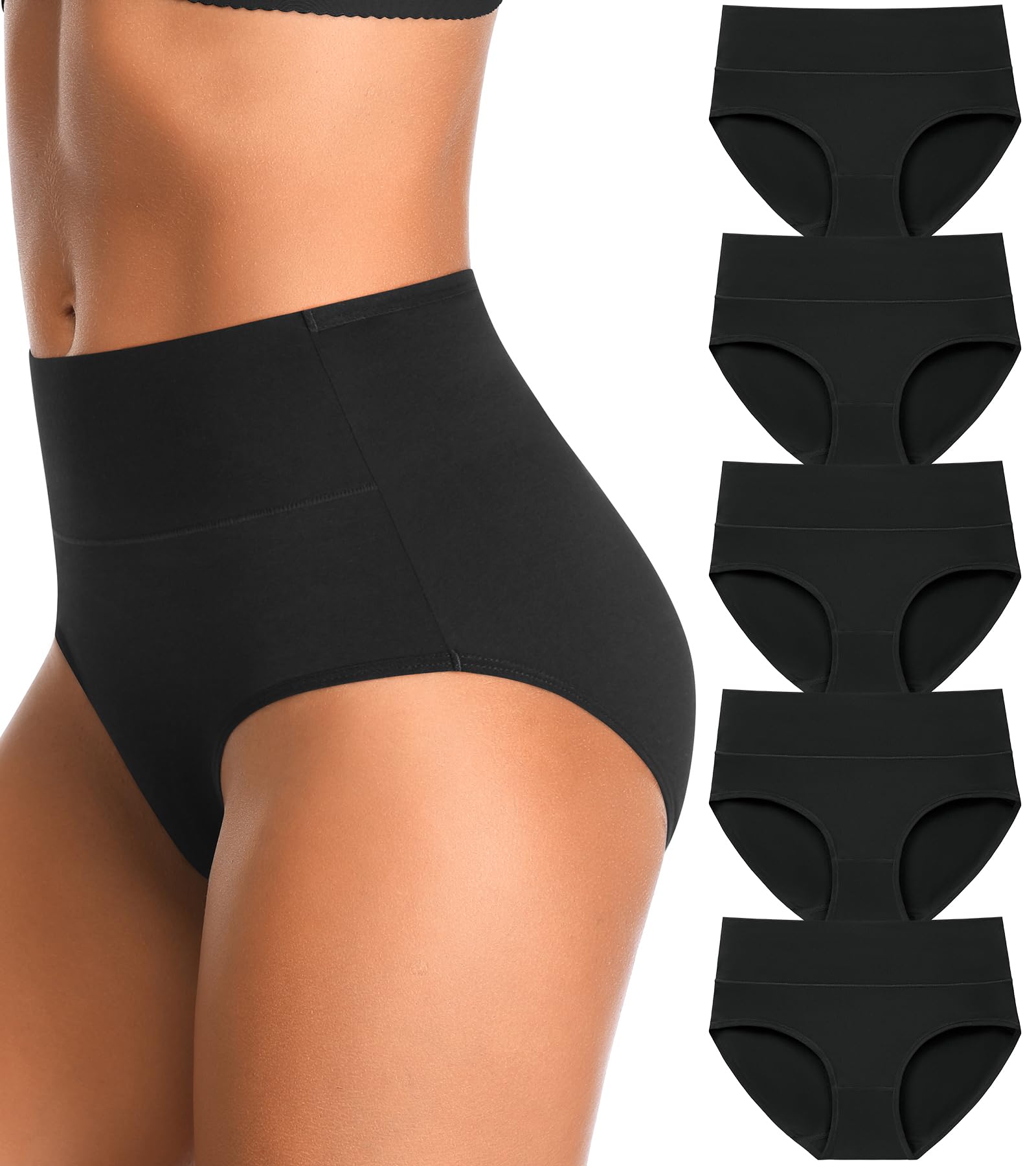 OPIBOO Cotton Womens Underwear High Waisted Tummy Control Full Coverage Postpartum Essentials Panties Stretch Comfortable Briefs Black M