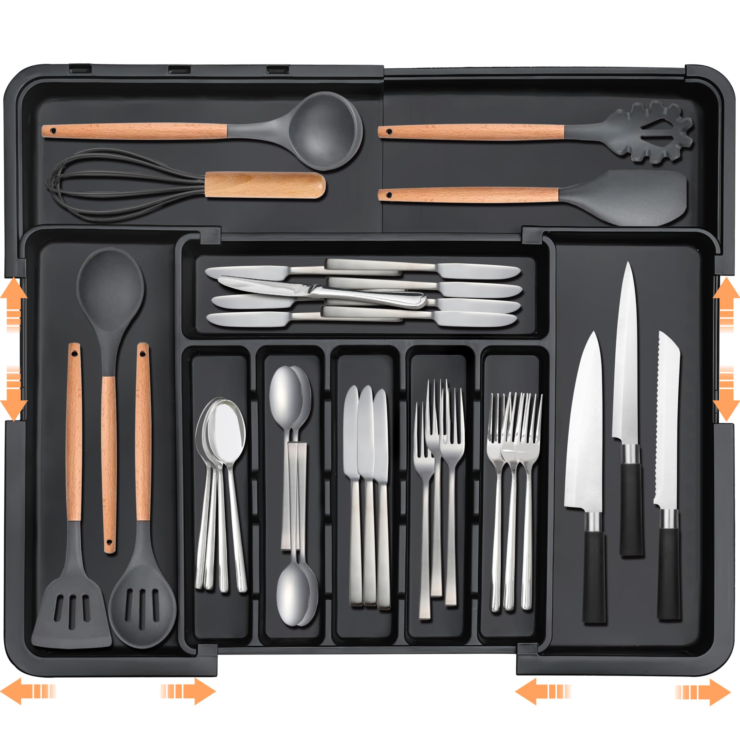 Spaclear Silverware Organizer Expandable Kitchen Utensil Drawer Organizer Large BPA Free Adjustable Cutlery Silverware Tray for Spoons Forks Knives Storage Divider for Kitchen Flatware 6-9 Slots Black