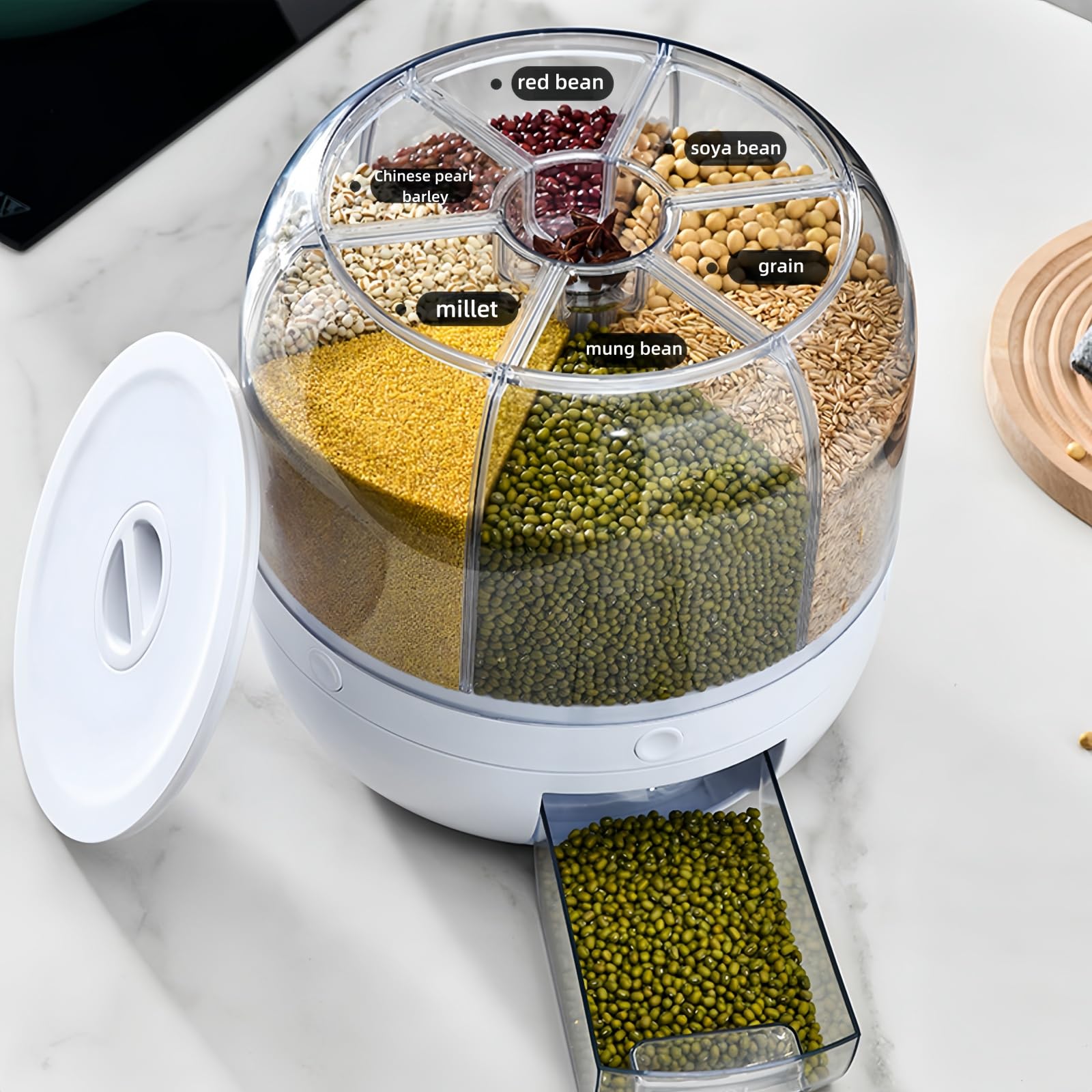 ECLIPSBACI Grain Storage Container Dispenser, rice dispenser rotating, 360° rotating food dispenser One-Click Output rice Storage Round Grain Dispenser Kitchen for Small Grains, Beans, Rice (B)