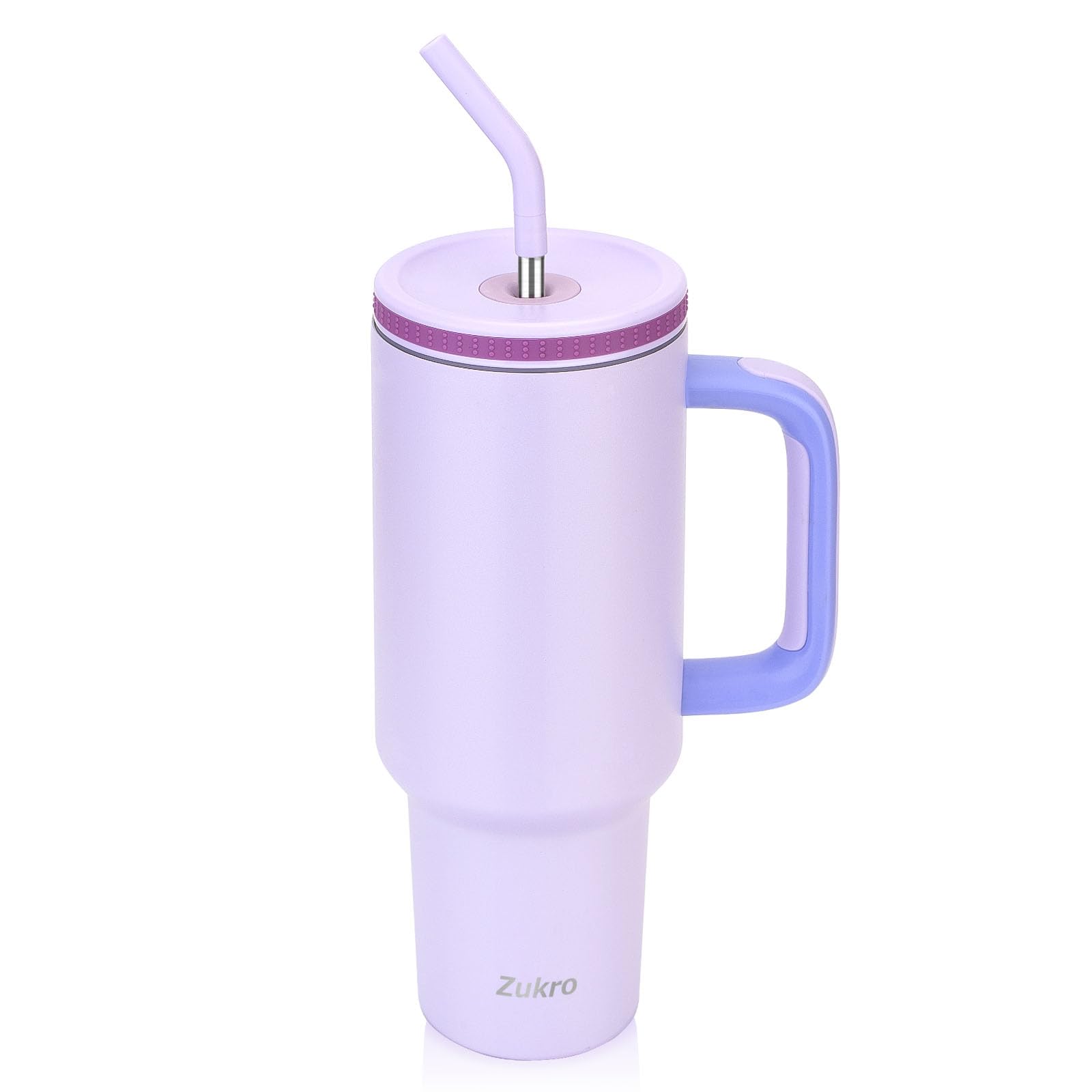 Zukro 40 oz Triple Insulated Tumbler with Handle and Straw Lid - Stainless Steel Cup Travel Mug Fits in Cupholder - No Sweat Water Bottle Keeps Drinks Cold 30 Hours - Dishwasher Safe - Lavender
