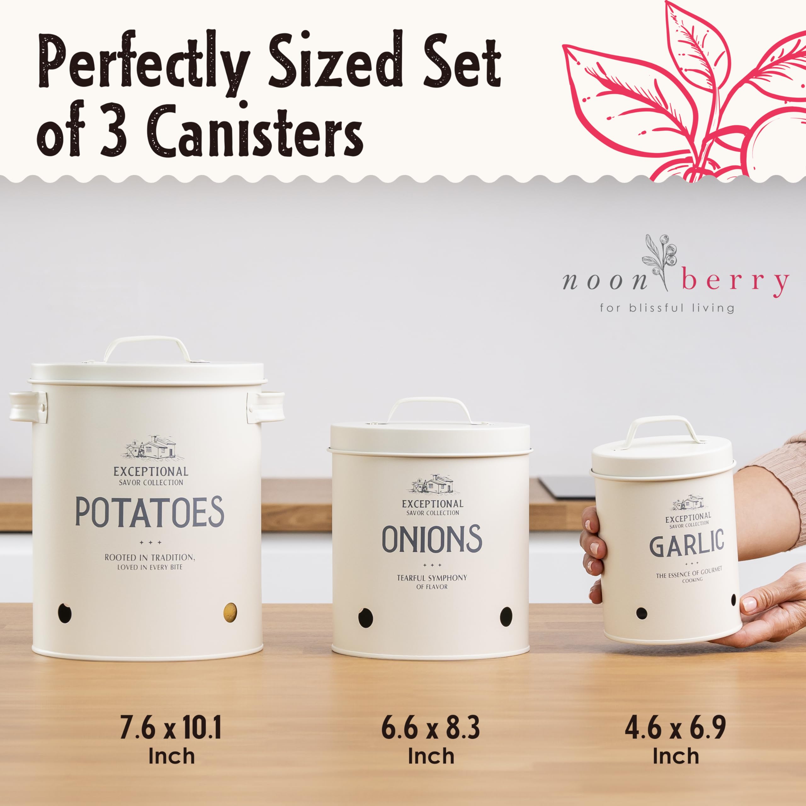 noonberry Potato, Onion & Garlic Storage Bin Set, 3 Metal Kitchen Containers with Ventilation Holes, Matte Alabaster White, Vintage Farmhouse Canisters