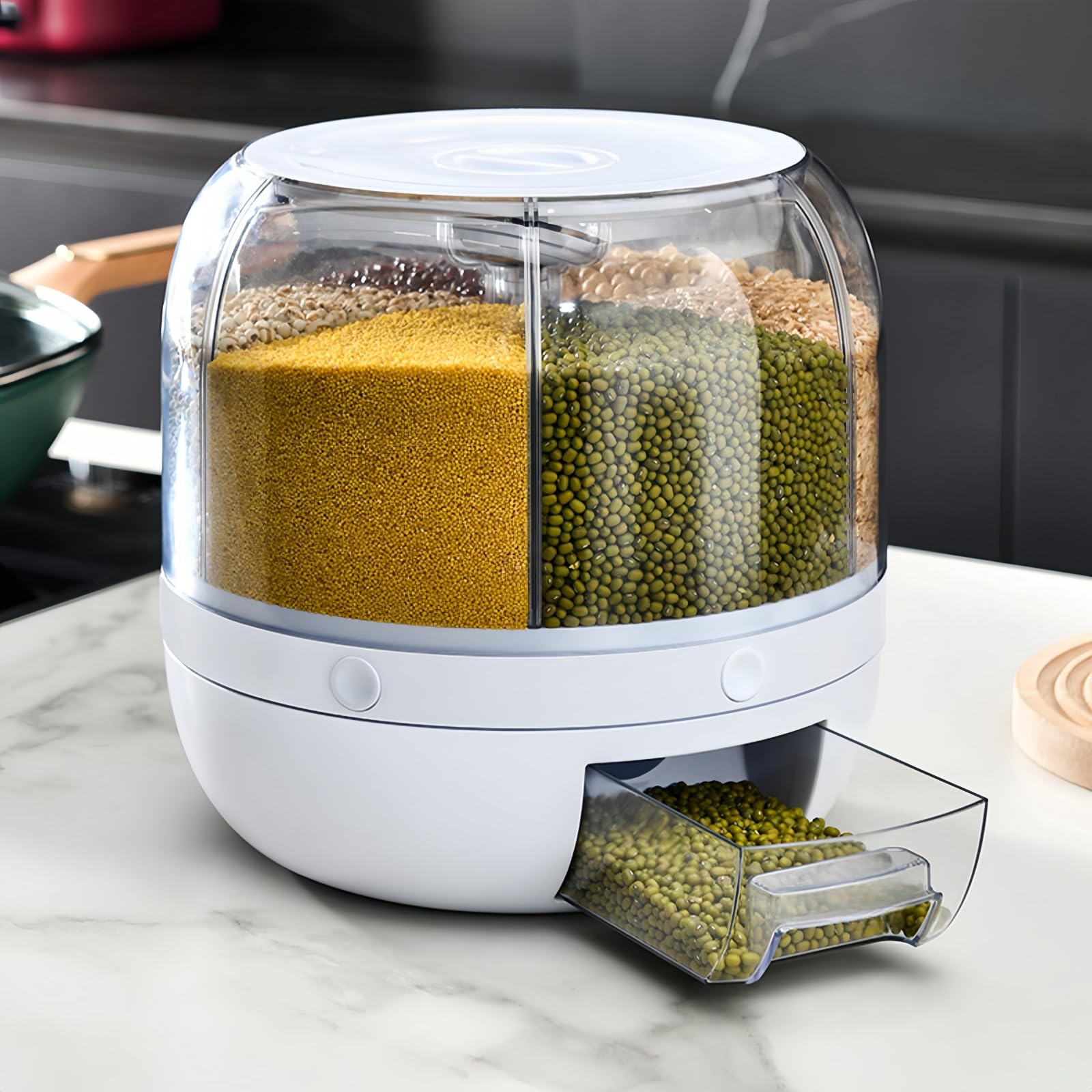 ECLIPSBACI Grain Storage Container Dispenser, rice dispenser rotating, 360° rotating food dispenser One-Click Output rice Storage Round Grain Dispenser Kitchen for Small Grains, Beans, Rice (B)