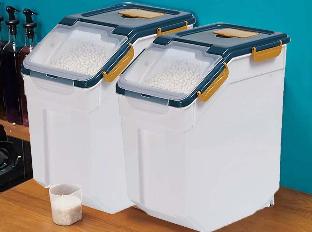 Large Flour Storage Container 25lb, 4Pack Airtight Rice Storage Containers with Wheels, Measuring Cup, Scoop for Flour, Rice, Grain, Cereal, Dry Food Organizer (Dark Blue)